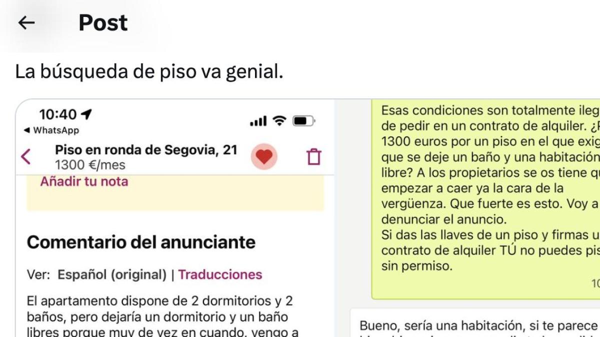 Un propietario alquila un piso con este requisito: la réplica que da es ...